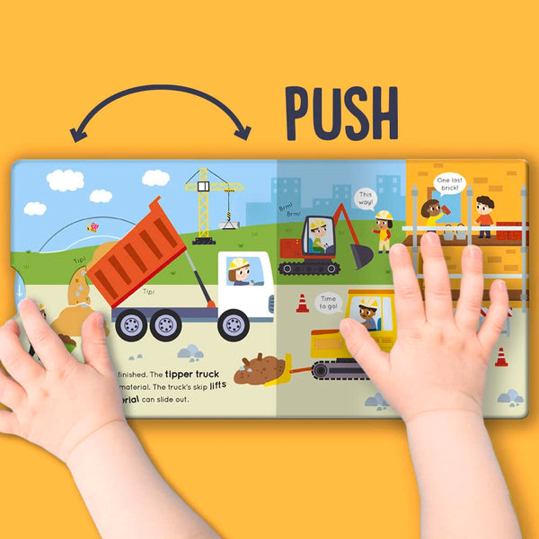 #391038 Diggers Push, Pull, Slide Board Book | Action Toys