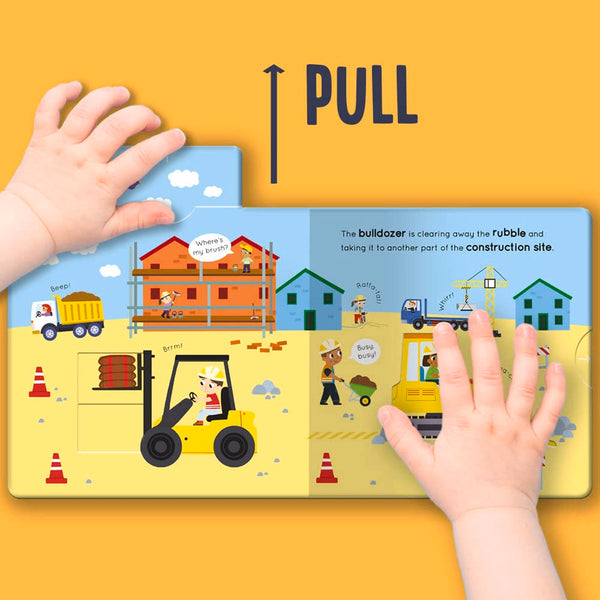 #391038 Diggers Push, Pull, Slide Board Book | Action Toys